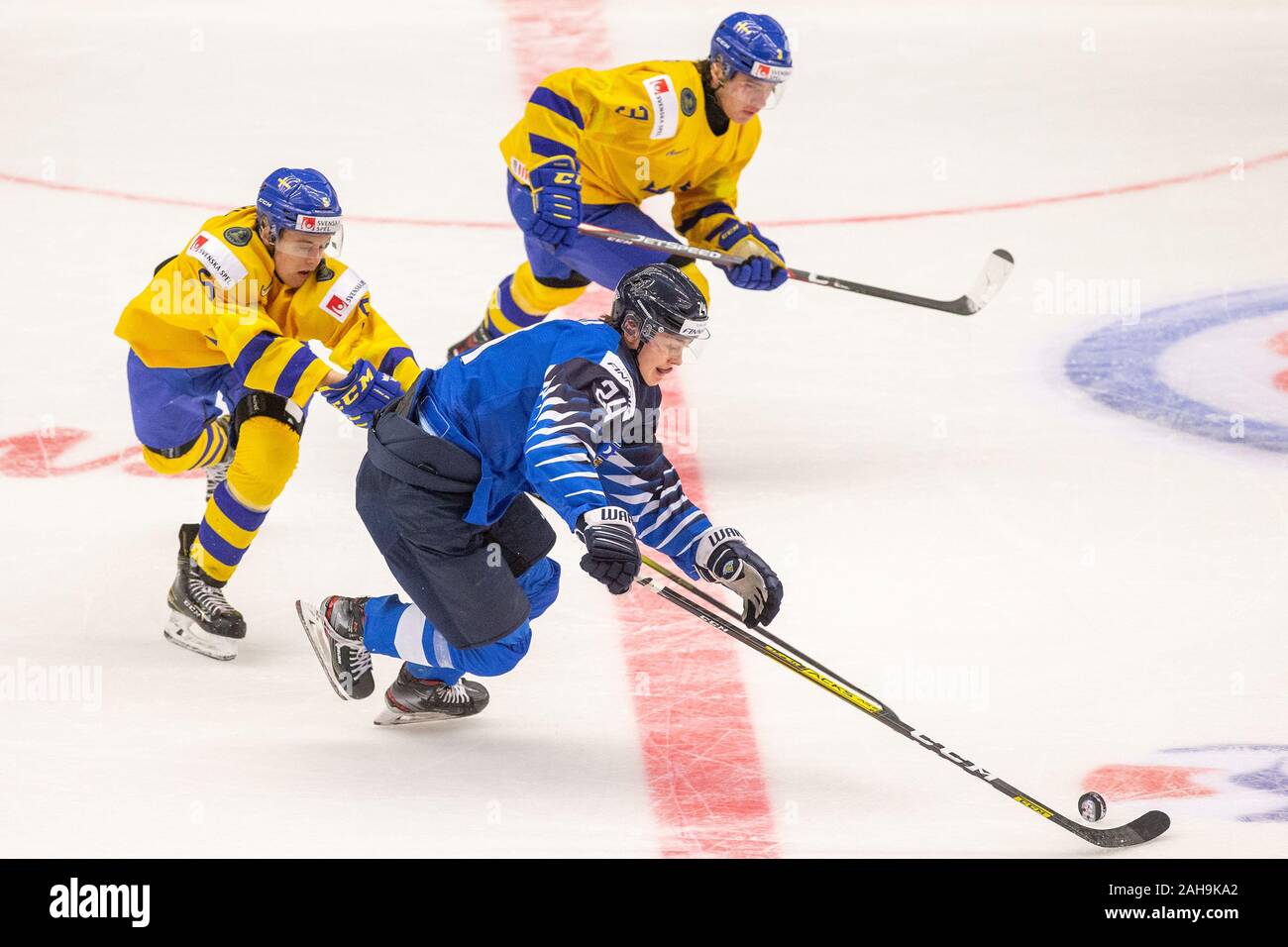 L-R Philip Broberg (SWE), Sampo Ranta (FIN) and Tobias Bjornfot (SWE) in action during the 2020 ...