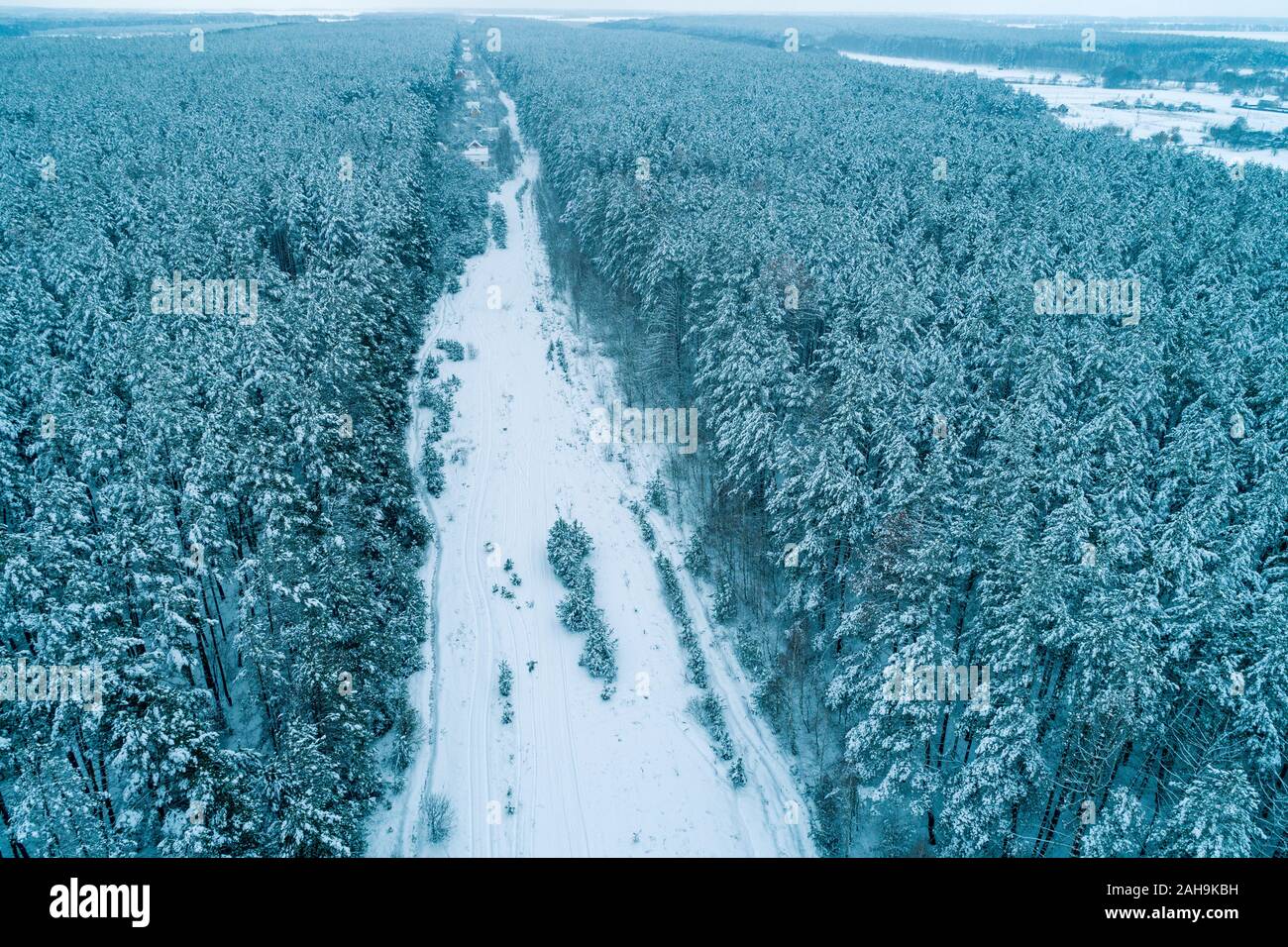 View from above of snowy country road. Nature winter background. Snowy ...