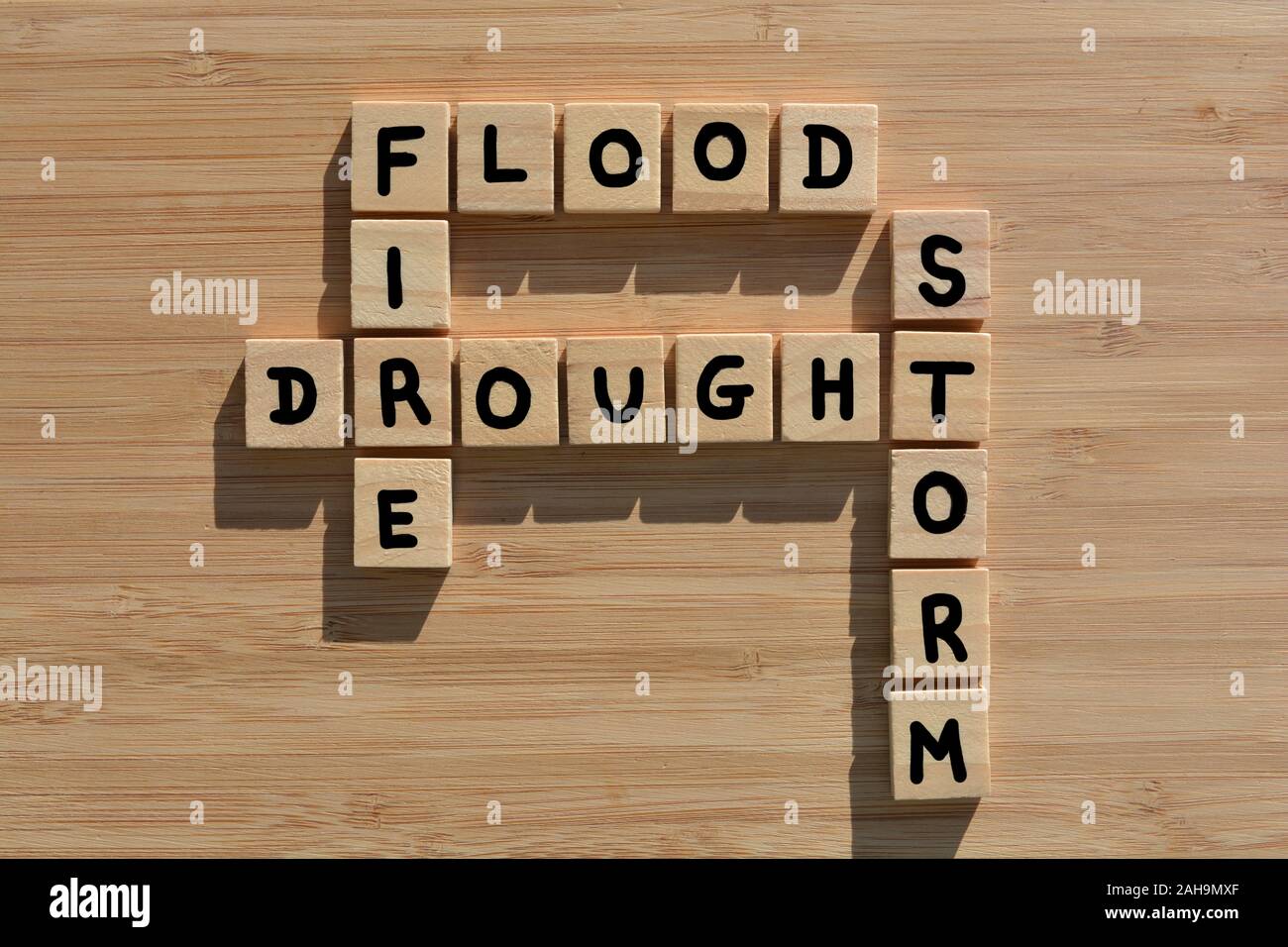 Flood, Fire. Drought, Storm crossword in 3d wooden alphabet letters on ...