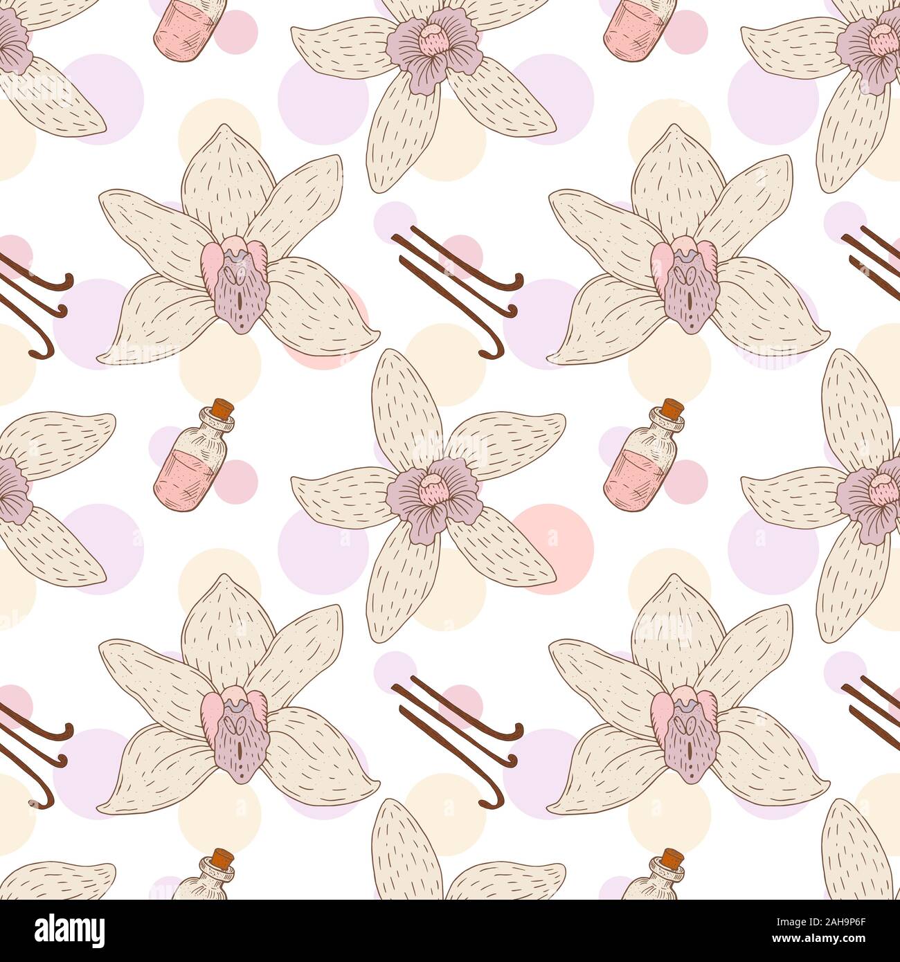 Vanilla. Vector hand drawn vintage seamless pattern. Botanical ornament ...