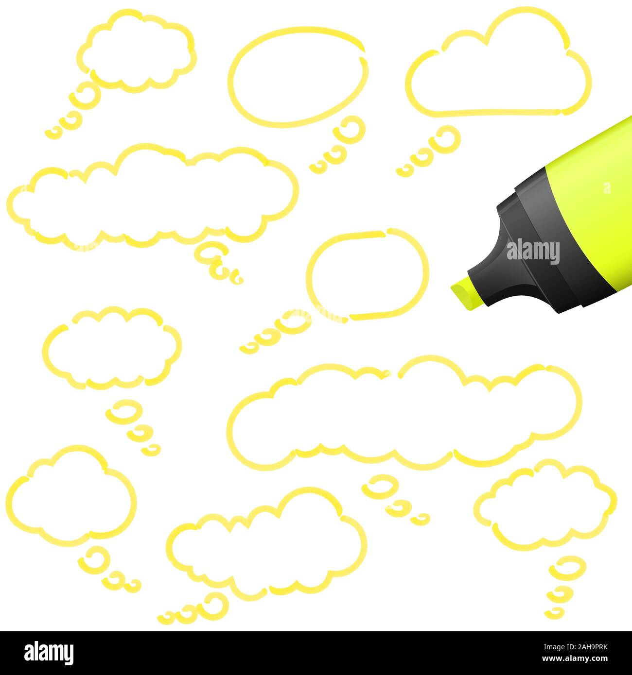 illustration of thought bubbles drawn with highlighter colored yellow ...