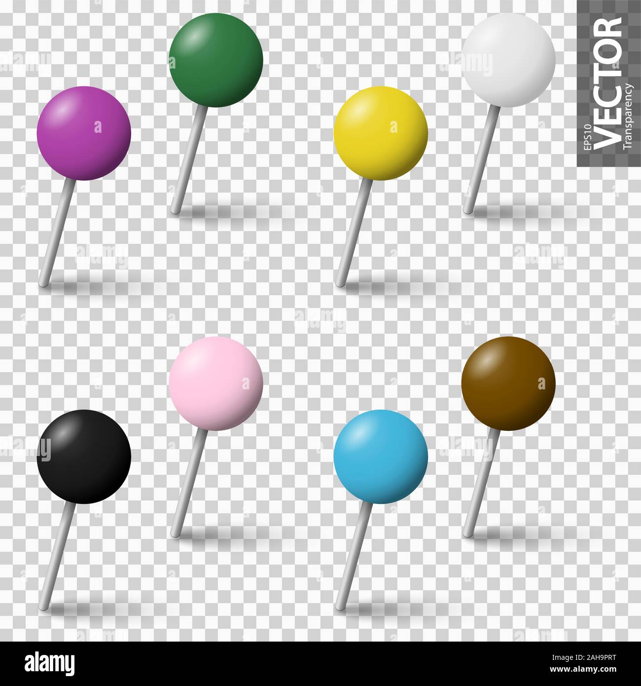collection of colored pin needles with shadow with vector transparency ...
