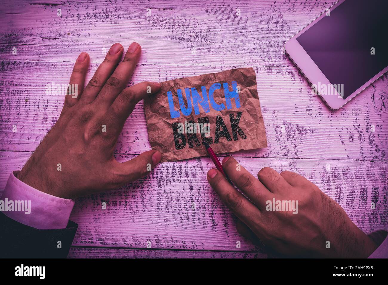 Conceptual hand writing showing Lunch Break. Concept meaning time when ...