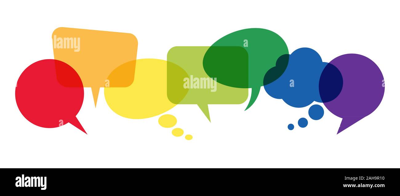 illustration of colored speech bubbles in a row with space for text ...