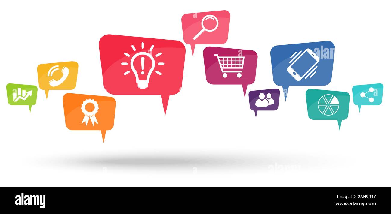 colored speech bubbles with different business icons symbolizing team ...