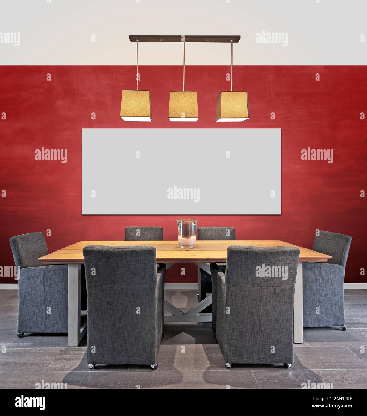 Empty double wooden library and luxury dining table in classical modern ...