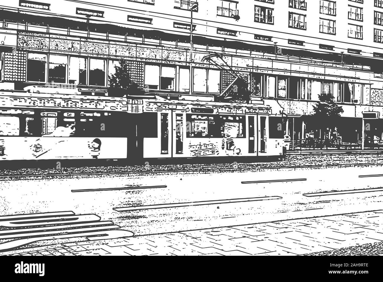 German city view. Urban life with tram. Hand drawn sketch Stock Vector ...