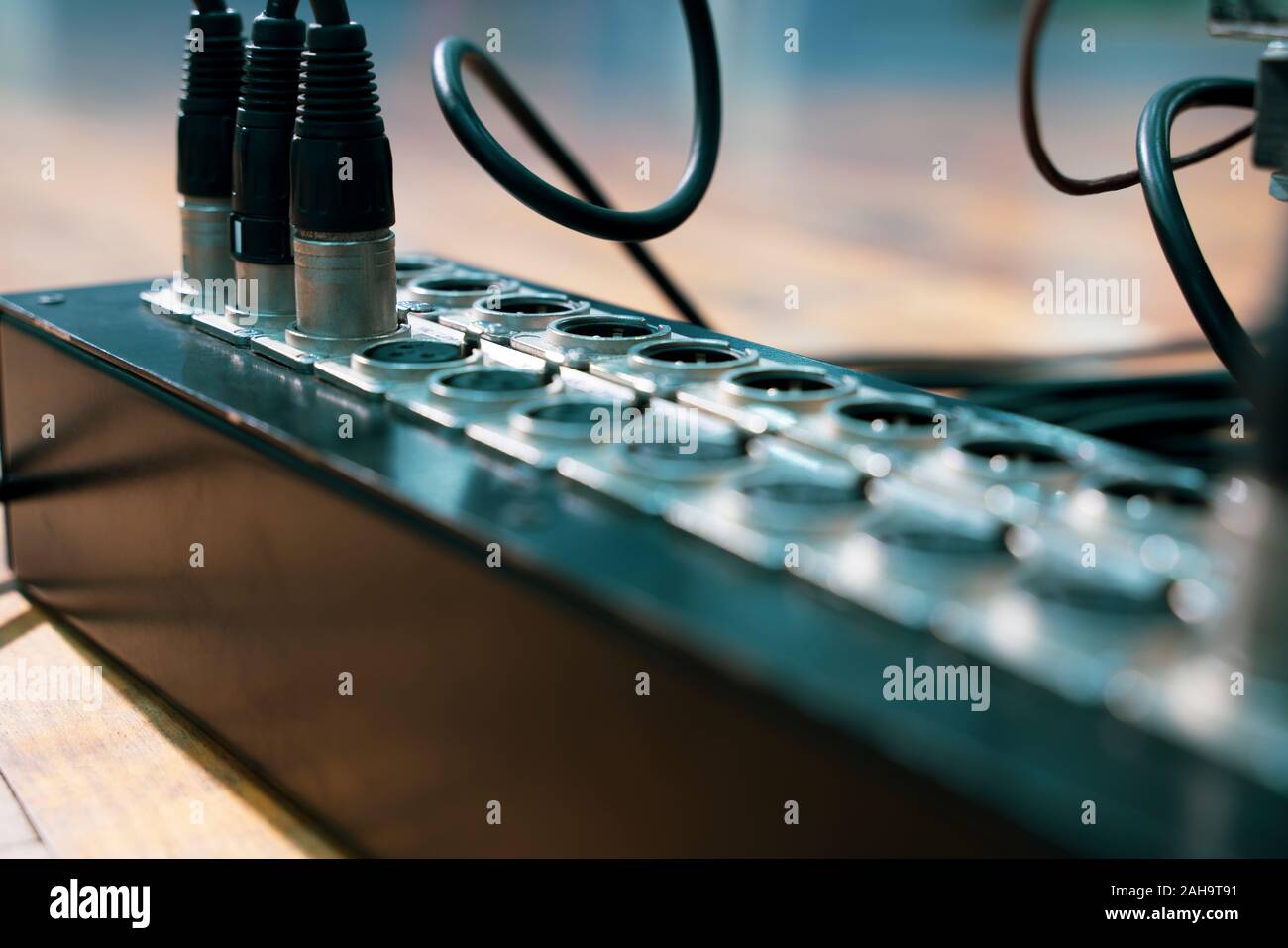Audio snake and stage box with xlr cables and jacks at a live event ...