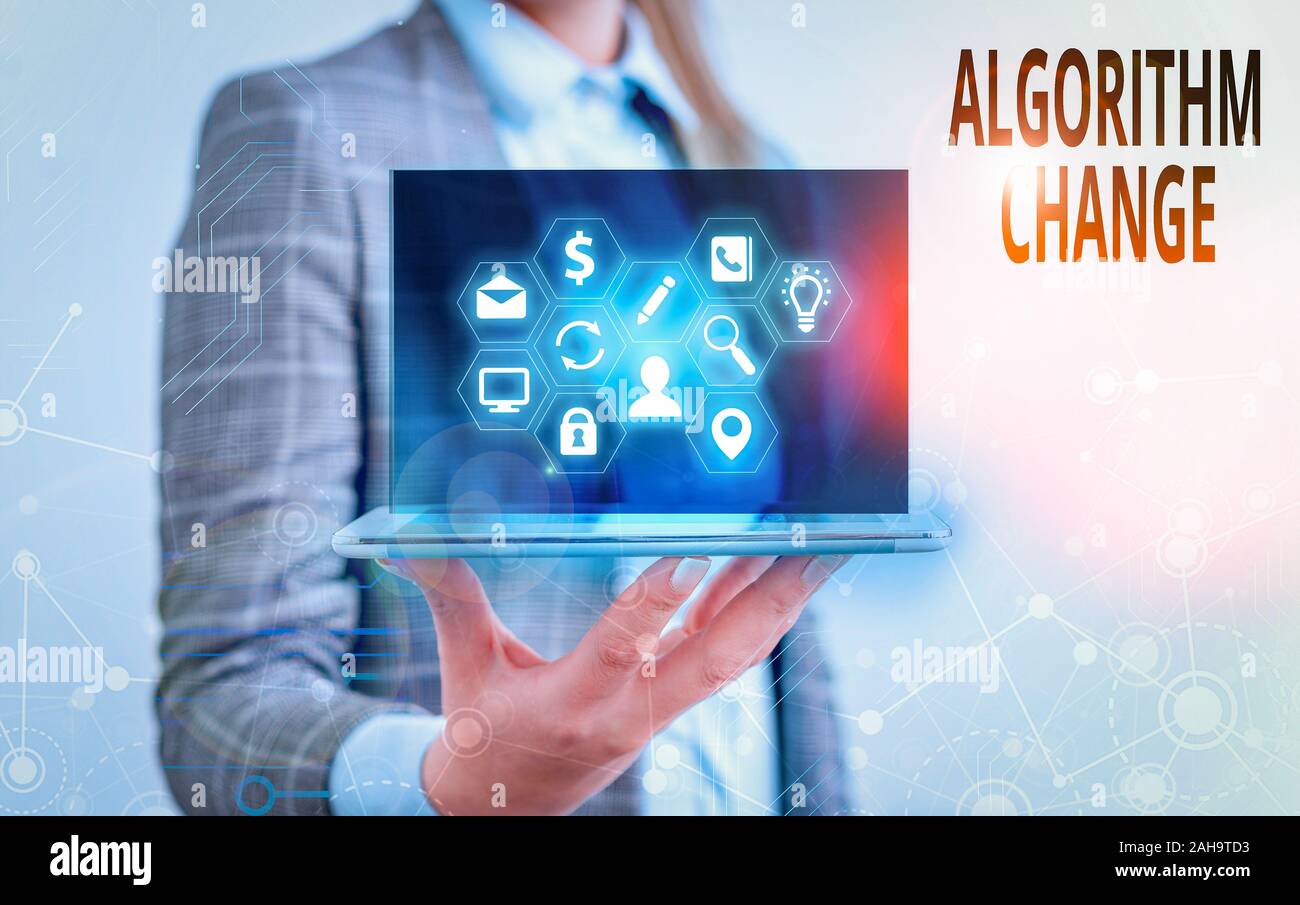 Text sign showing Algorithm Change. Business photo showcasing change in procedure designed to ...