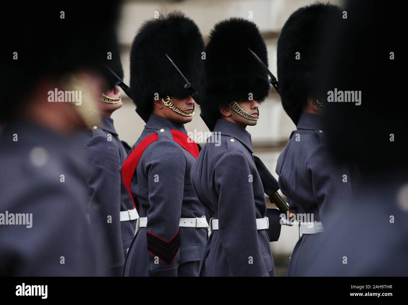 Soldiers from the 1st battalion Welsh Guards take part in the Changing ...