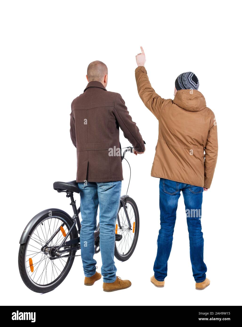 Back view of two man on a bicycle in winter jacket. Rear view people ...