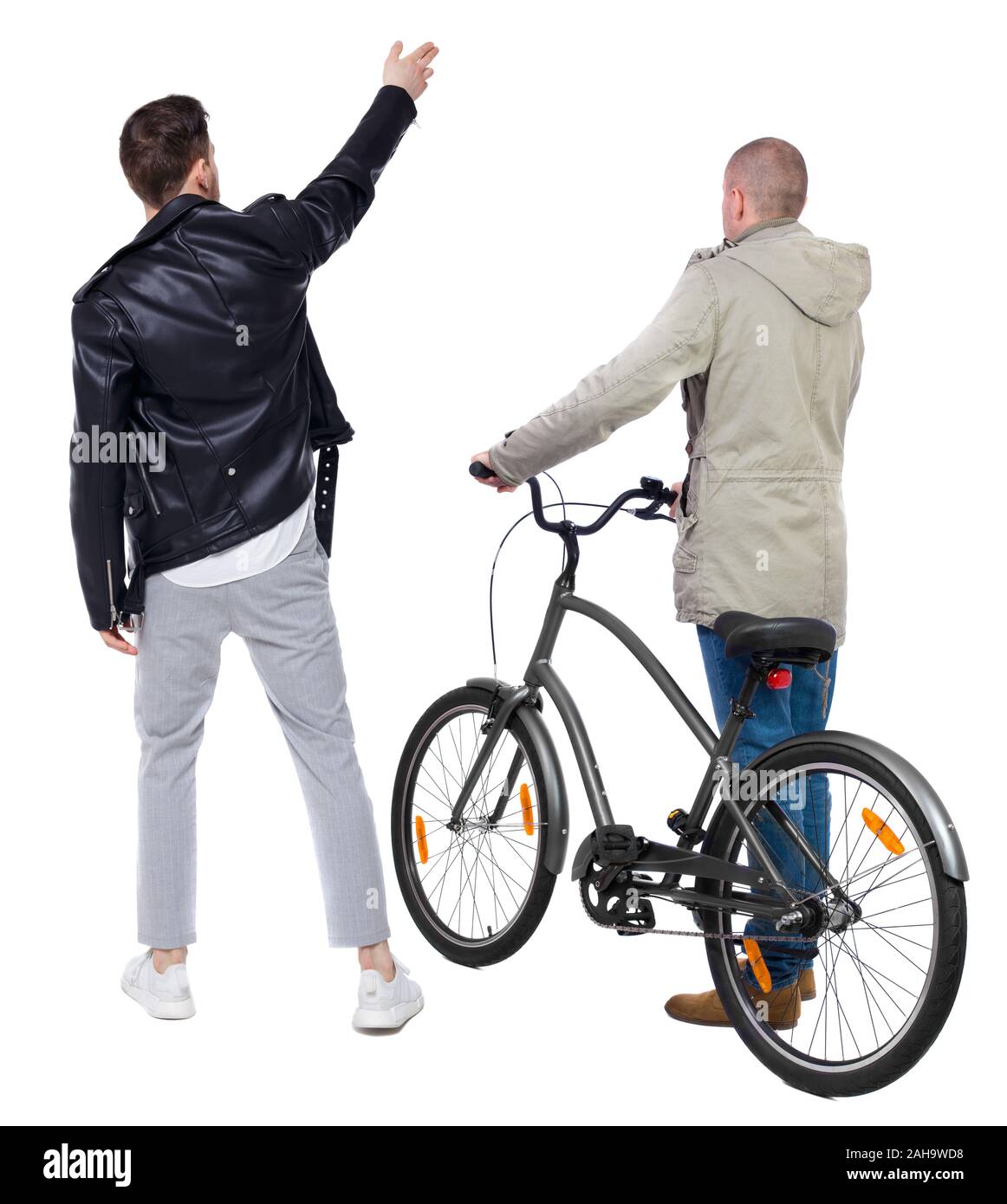 Back view of two man on a bicycle in winter jacket. Rear view people ...