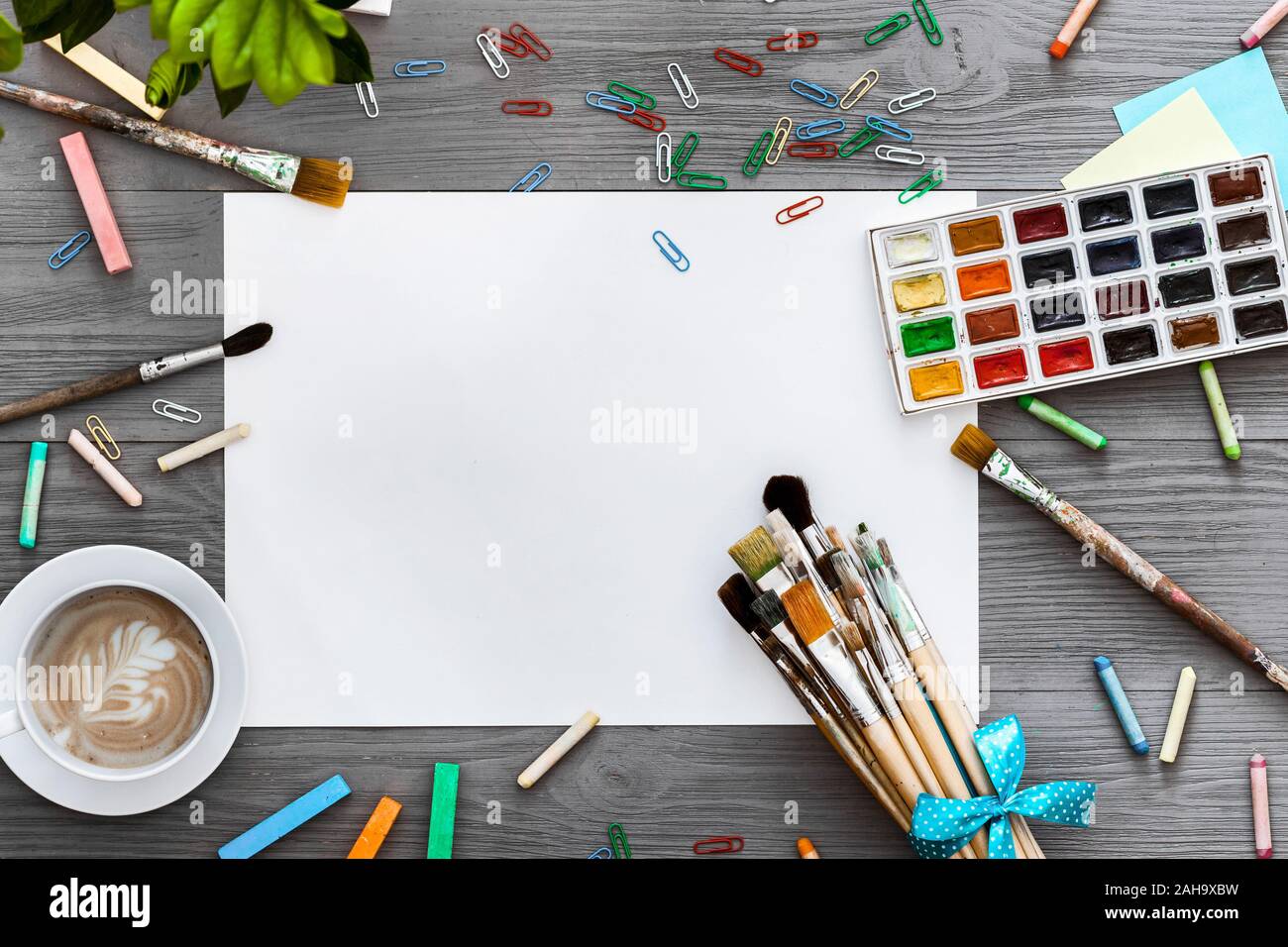 Artistic creative background art work supplies and mockup blank paper ...
