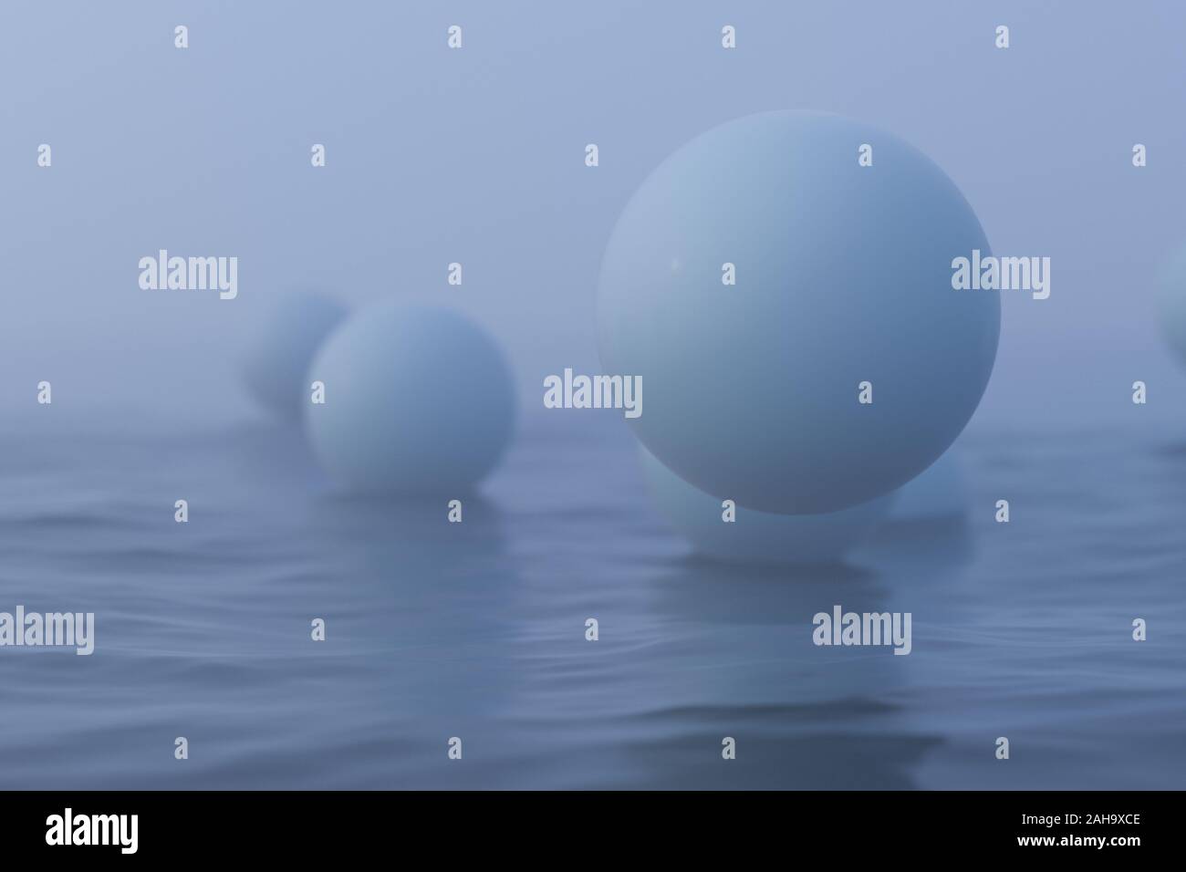 White balls floating on the lake , 3d rendering. Computer digital ...