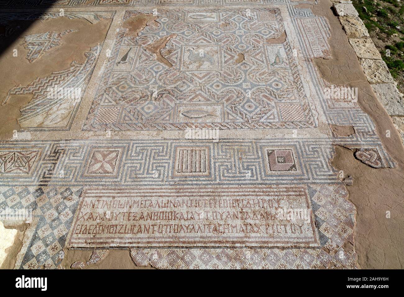 Excavated mosaic with Christian symbols at Kurion (Curium) near ...