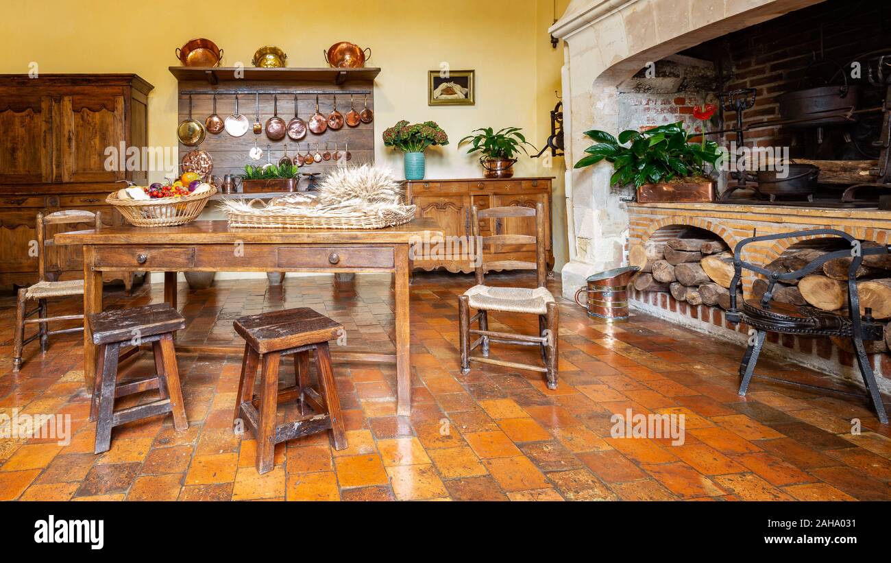 Villandry, France -October 17, 2019: Interior of the kitchen in Chateau ...