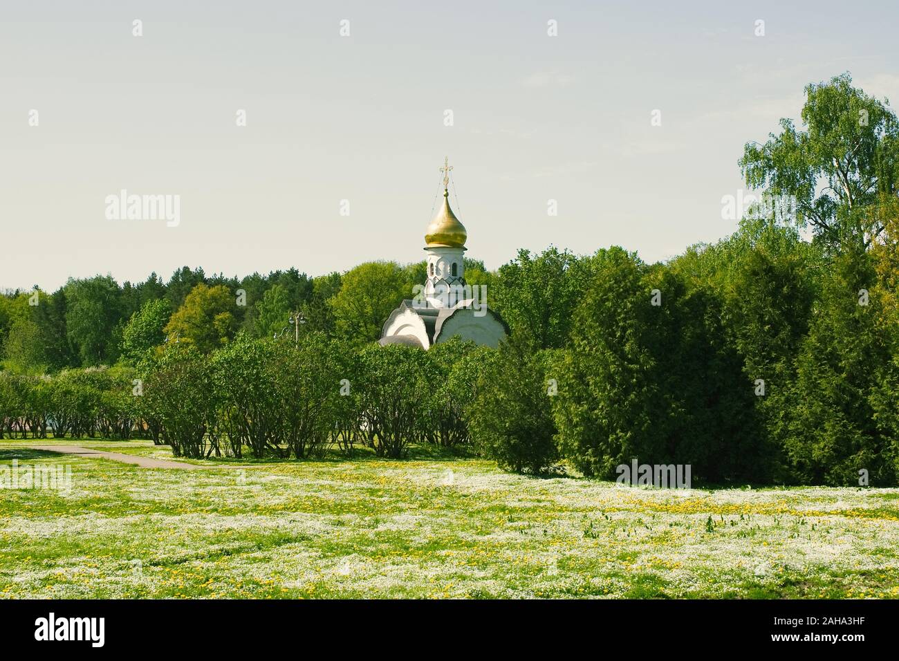 Orthodox white chapel in Moscow park in Russia background Stock Photo ...
