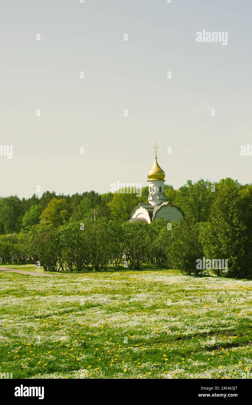 Orthodox white chapel in Moscow park in Russia background Stock Photo ...
