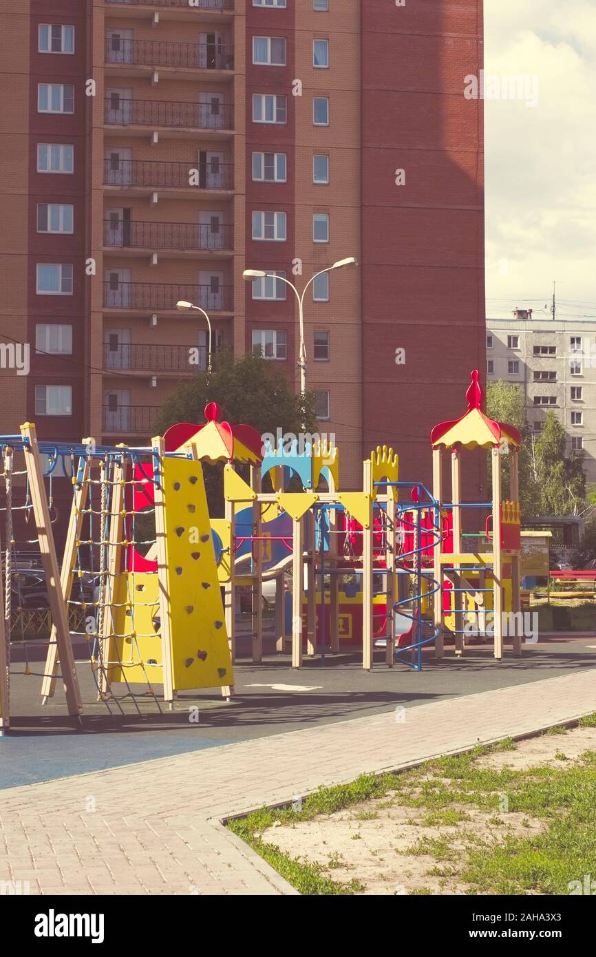 Summer colorful playground outdoors activity equipment background Stock ...