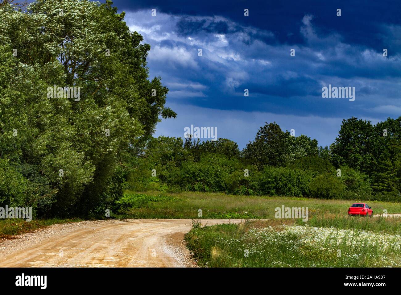 Red car on country road Stock Photo - Alamy
