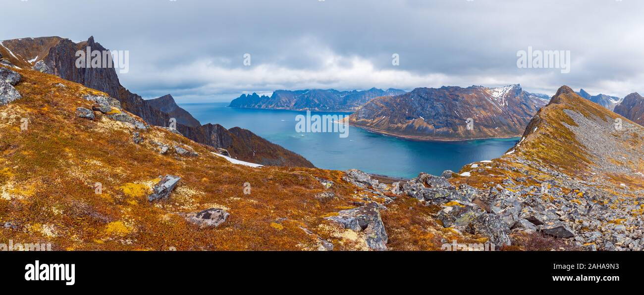 The landscape view of Senja Island from mountain Husfjellet in Norway ...