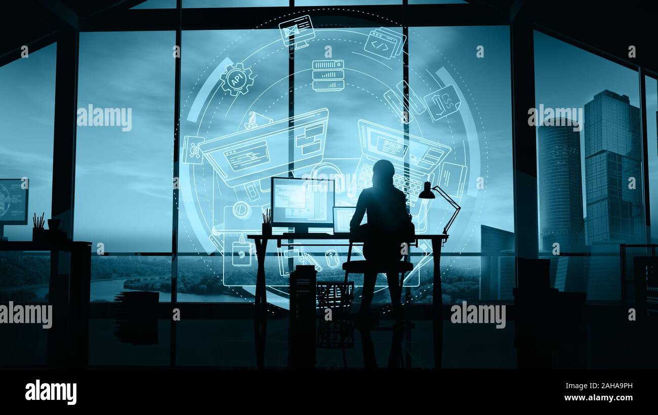 Silhouette of a female programmer in office on infographic background ...
