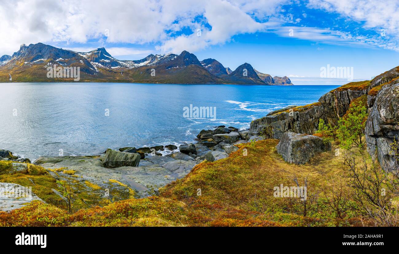 The landscape view of Senja Island from Husoy village in Norway Stock ...