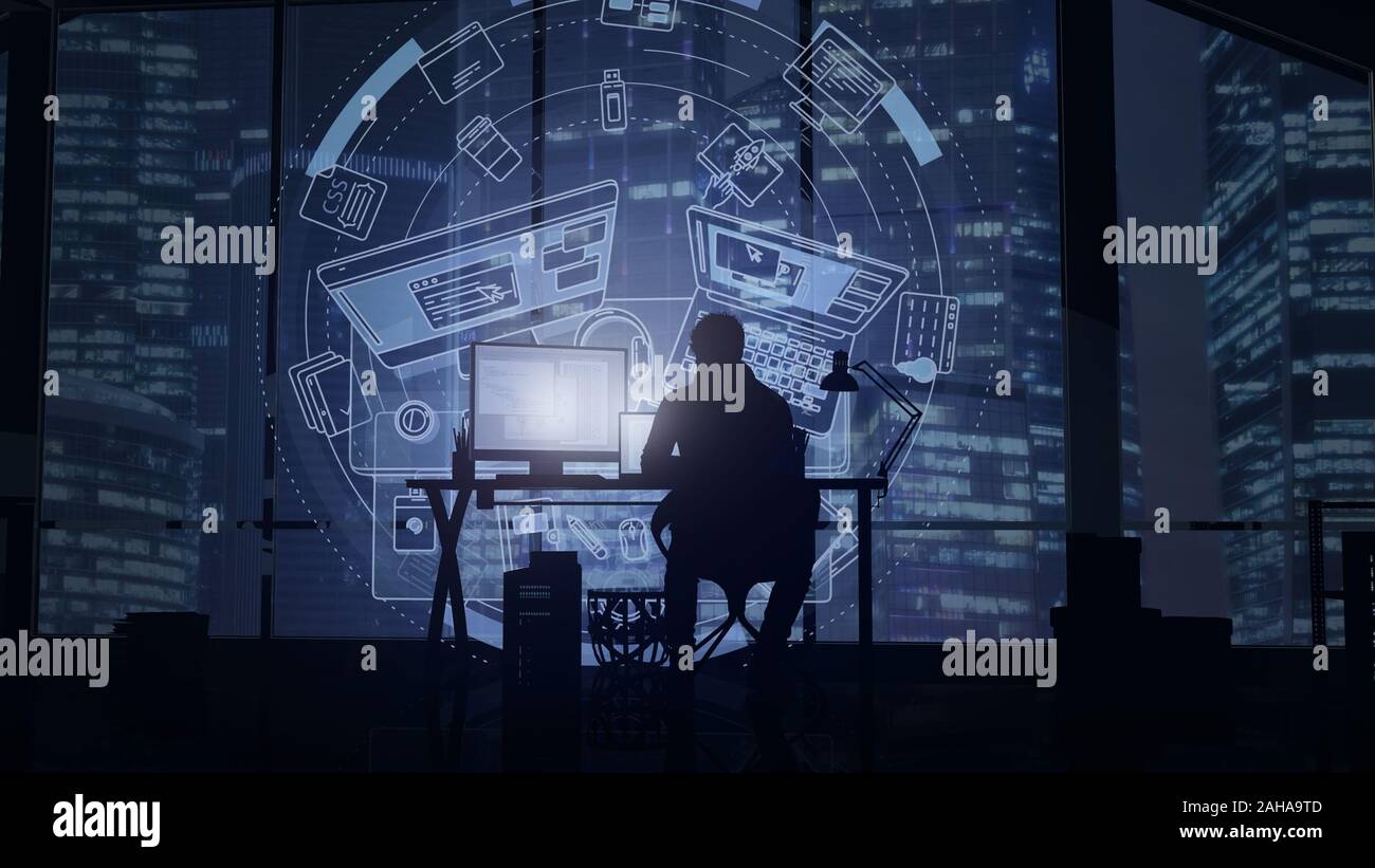 Web developer on the background of evening skyscrapers and infographics ...