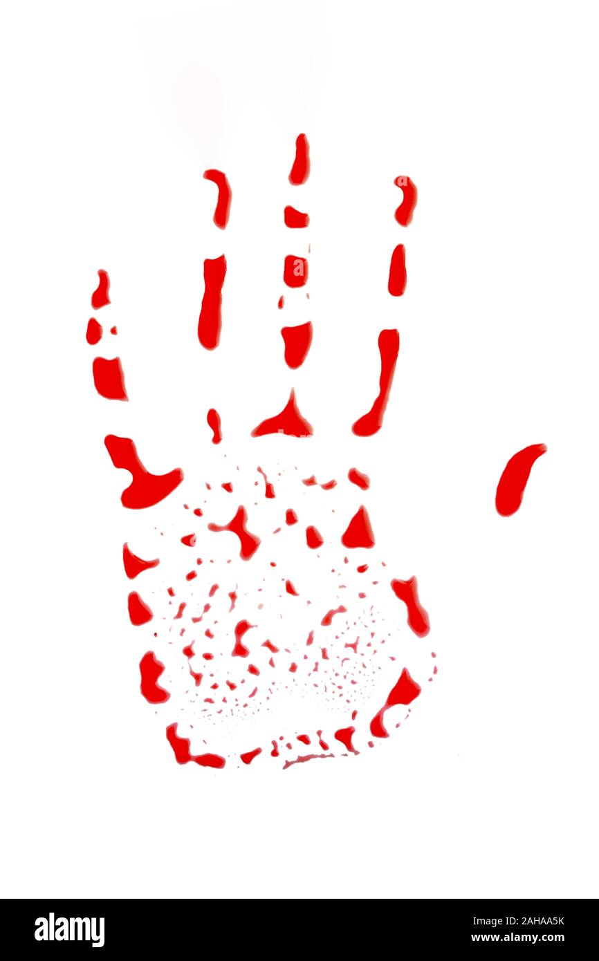 Red hand print on white background. Concept of danger, the holiday of ...