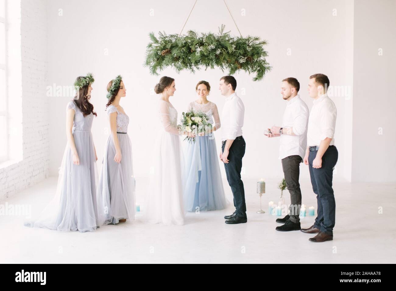 Master of ceremony speech on microphone background wedding couple Stock ...