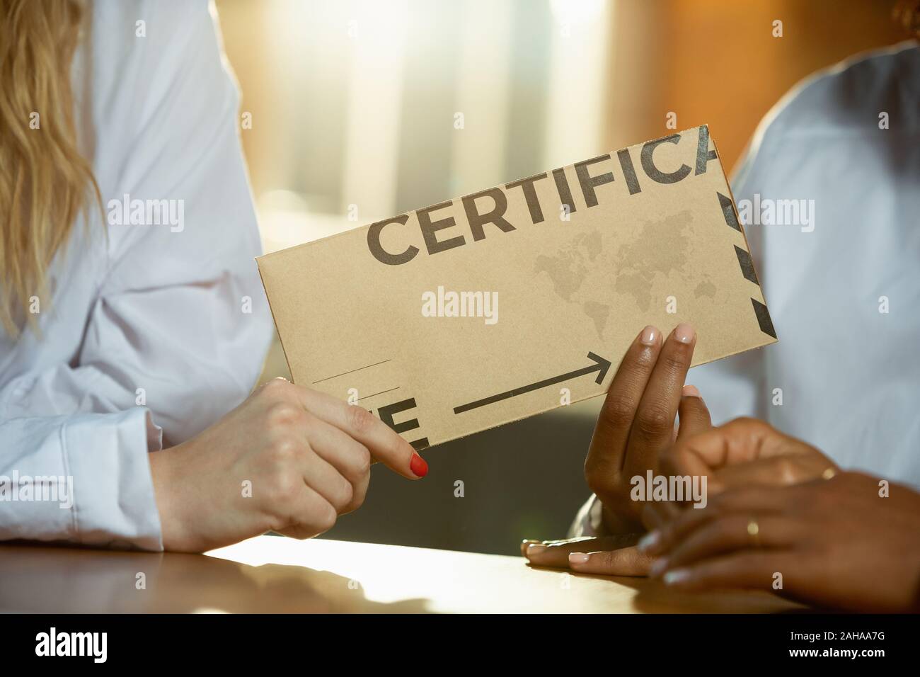 Close up of african-american and caucasian human's hands holding ...