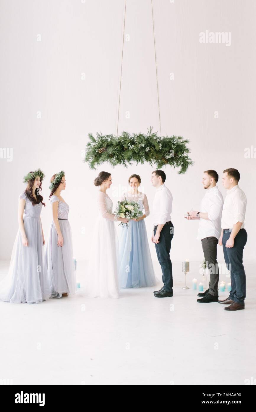 Master of ceremony speech on microphone background wedding couple ...