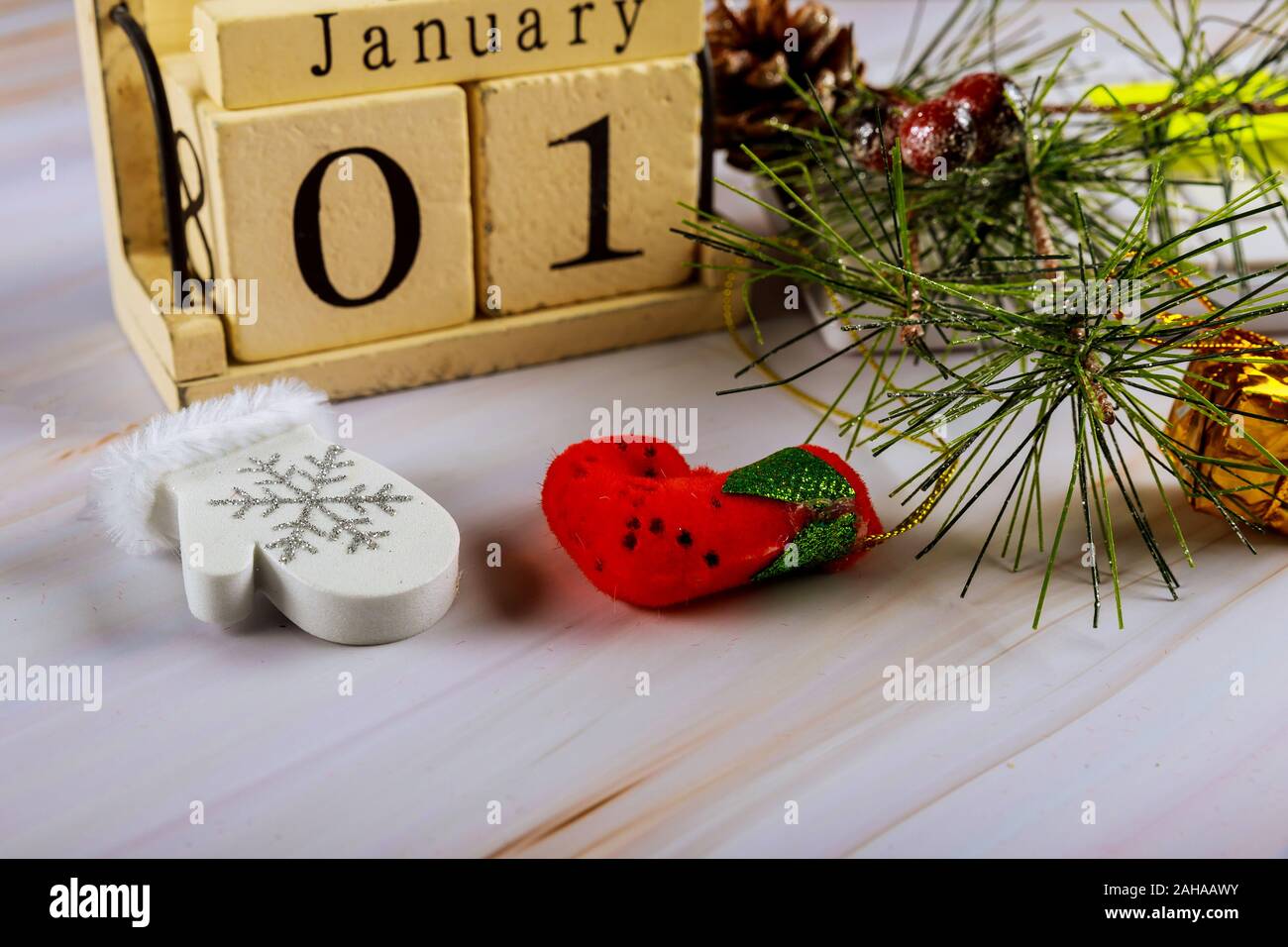 01 January calendar with accessories on business workspace office desk ...