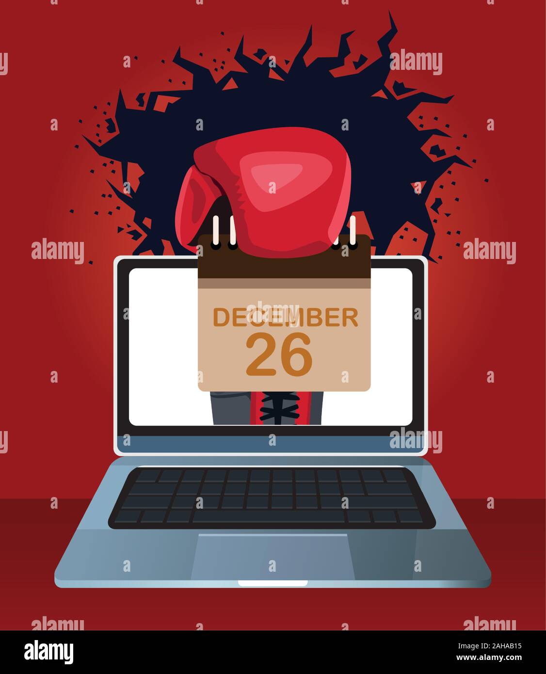 Laptop computer with boxing glove holding a calendar over red ...