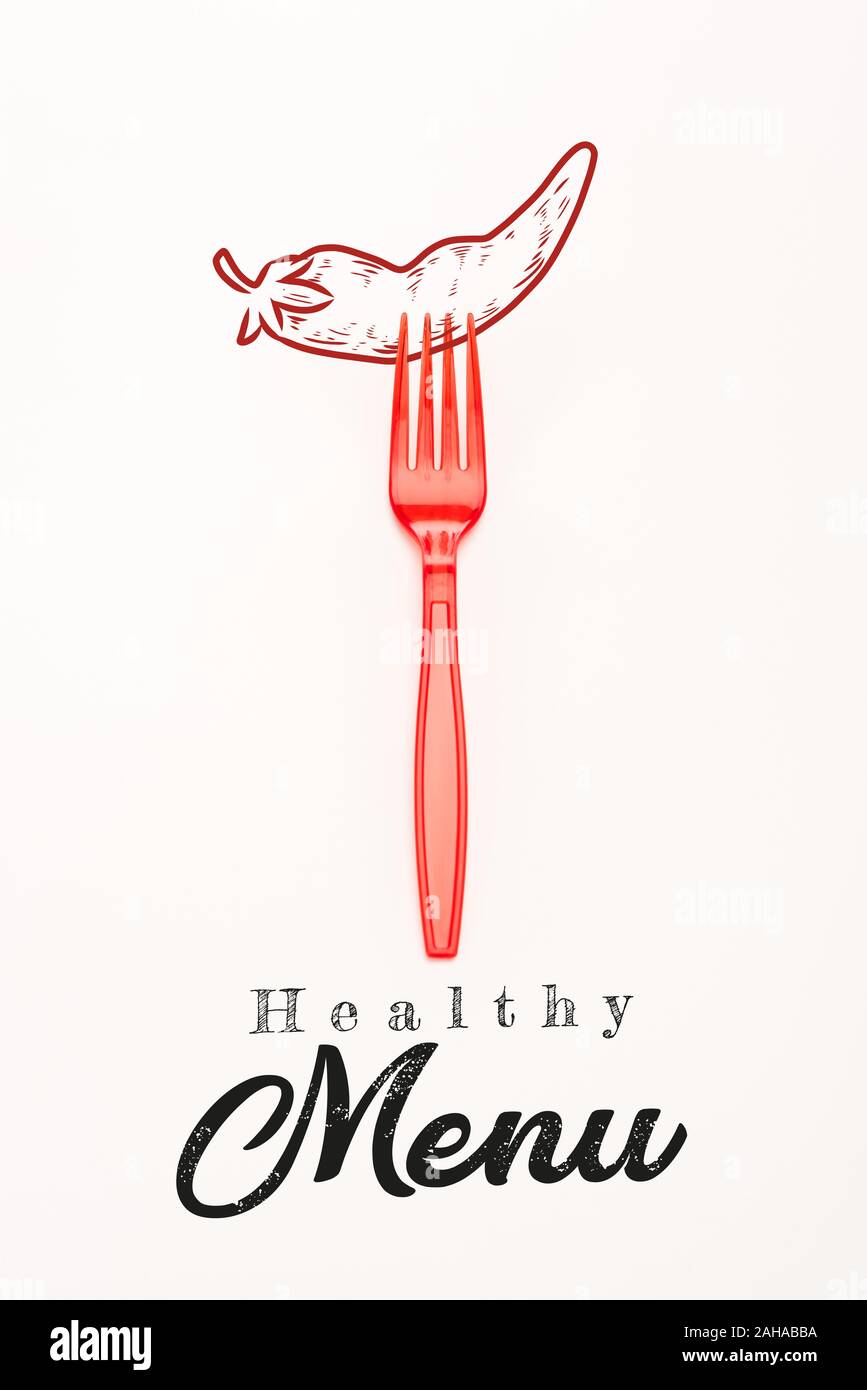 red plastic bright fork with chili pepper illustration and healthy menu ...