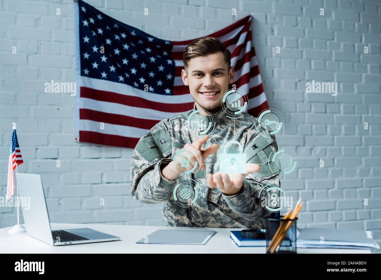 cheerful man in military uniform pointing with finger at virtual ...