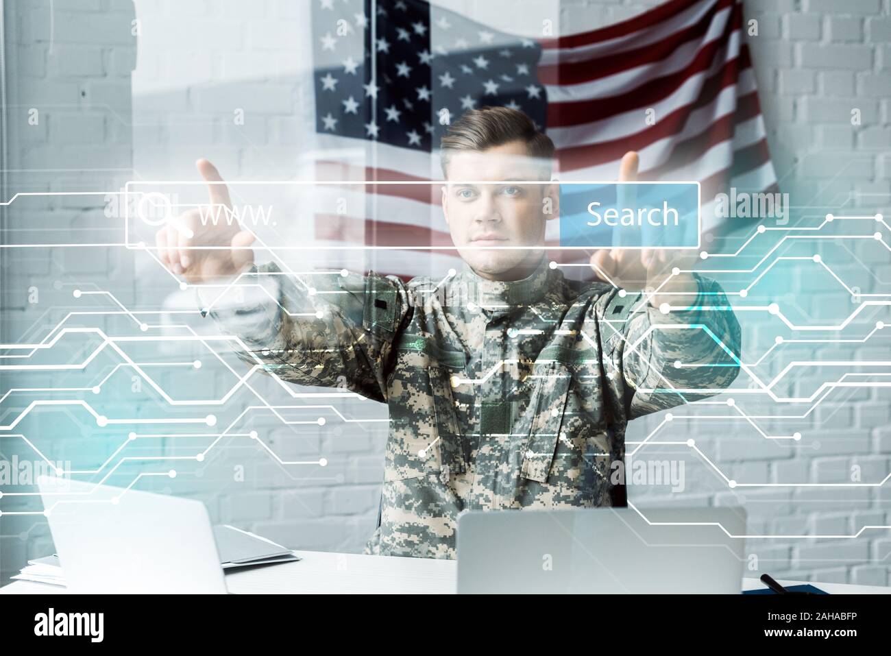 man in military uniform pointing with fingers at address bar in office ...