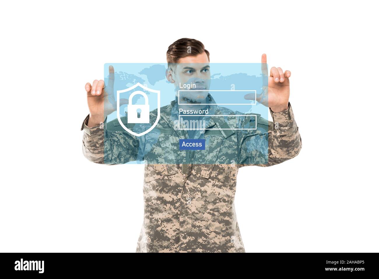 handsome man in military uniform pointing with fingers near virtual ...