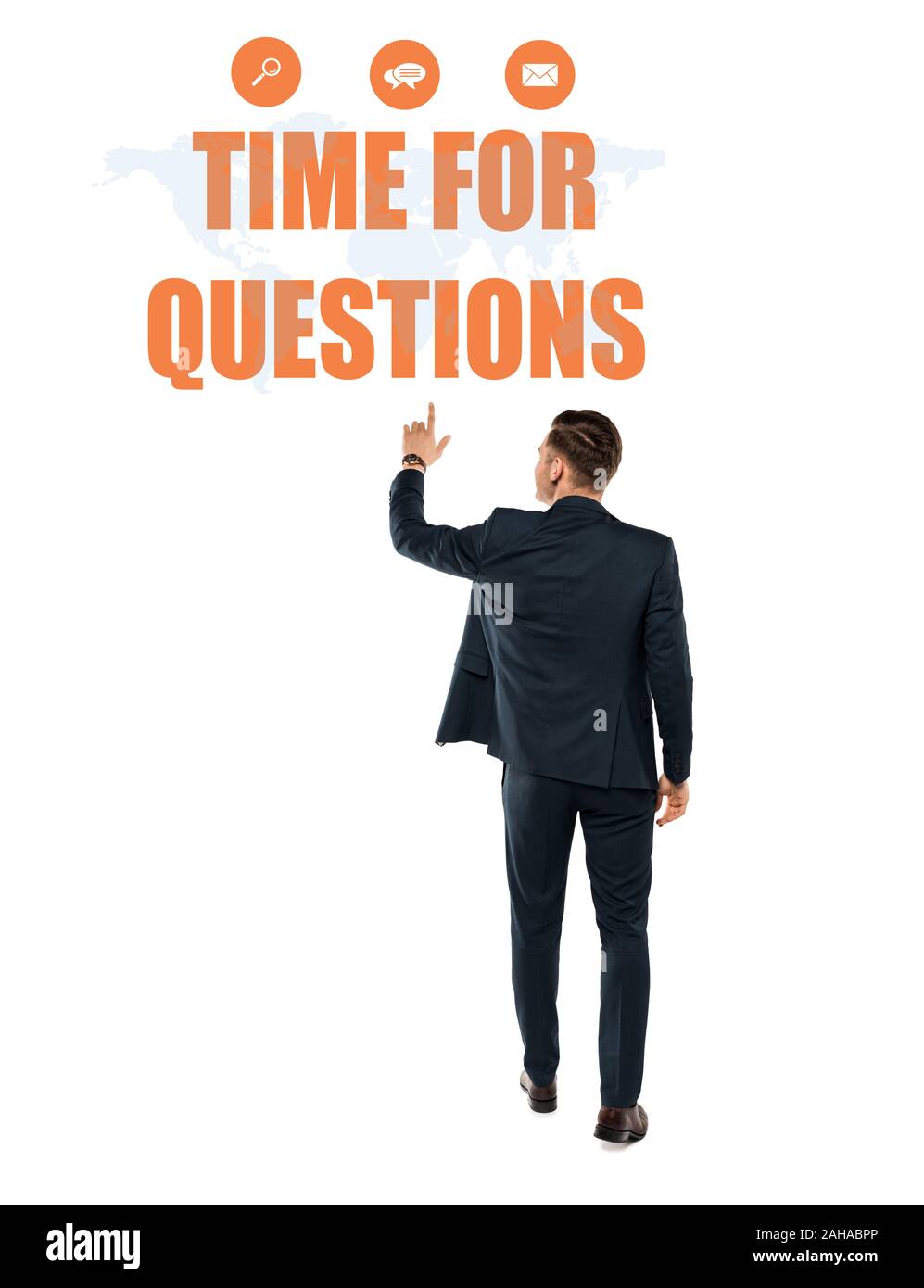 back view of man pointing with finger at time for questions lettering ...