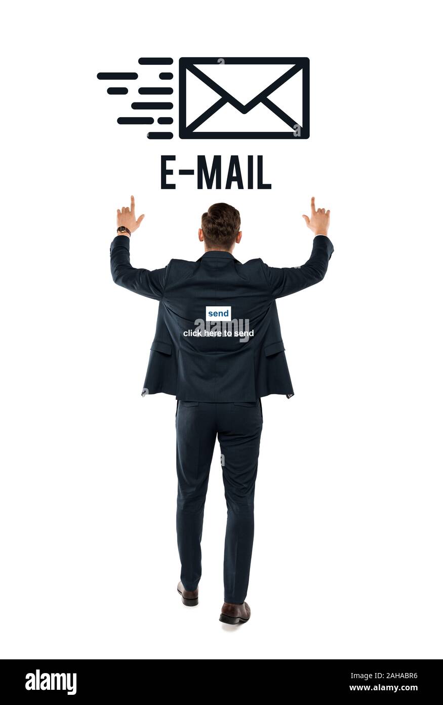 back view of businessman pointing with fingers at e-mail lettering ...