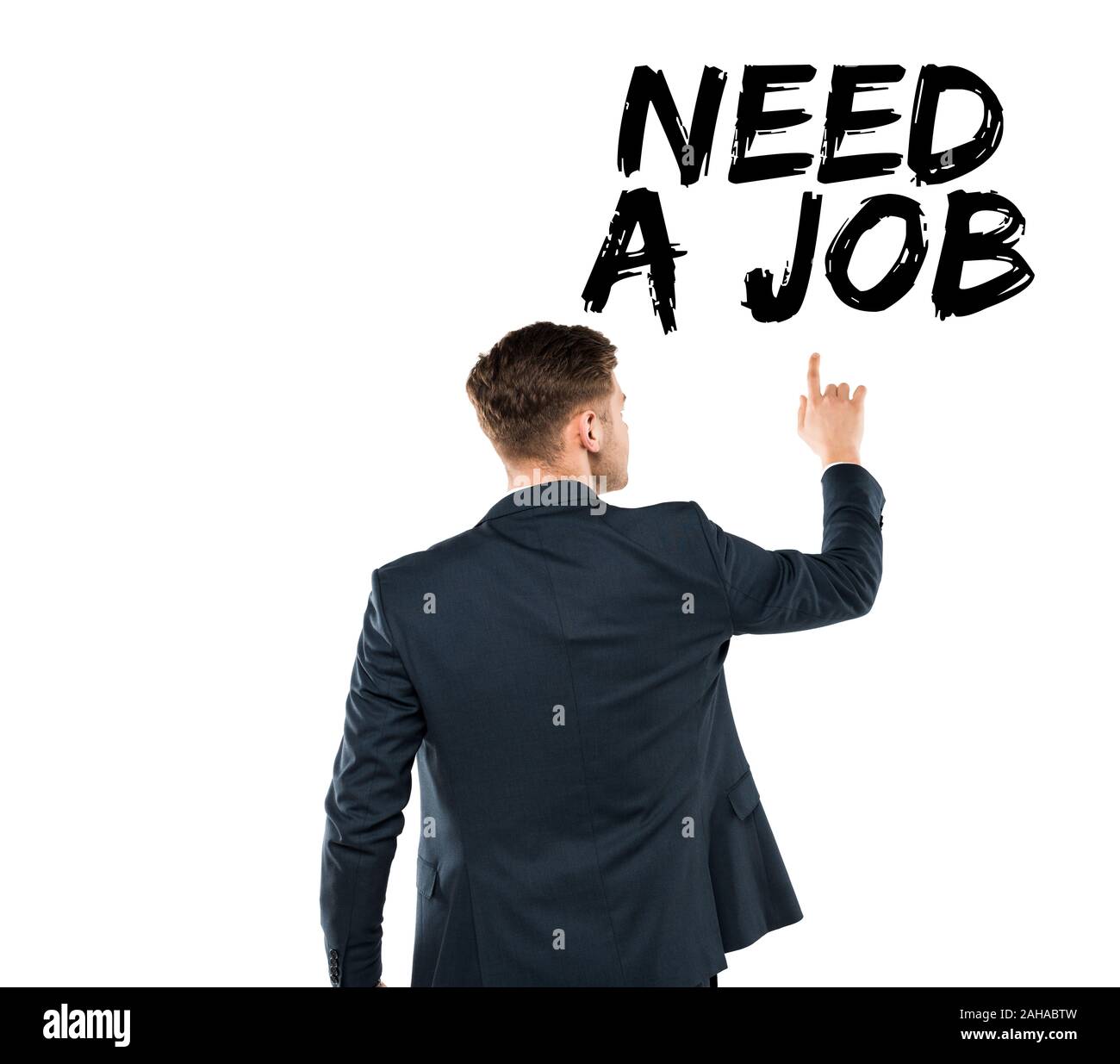 back view of man pointing with finger at need a job lettering isolated ...