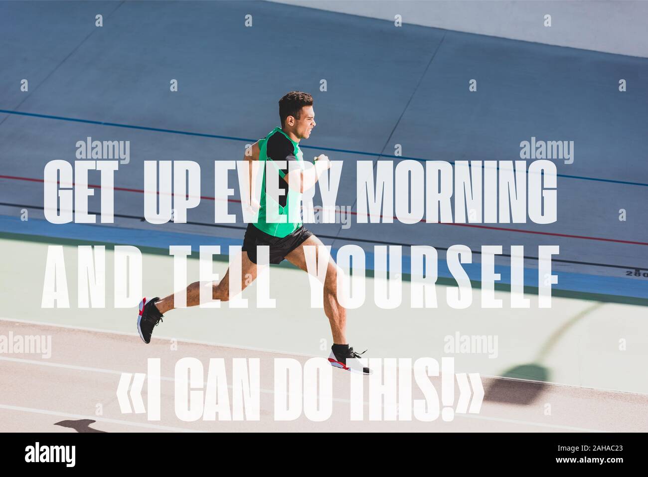 full length view of mixed race sportsman running at stadium with get up ...
