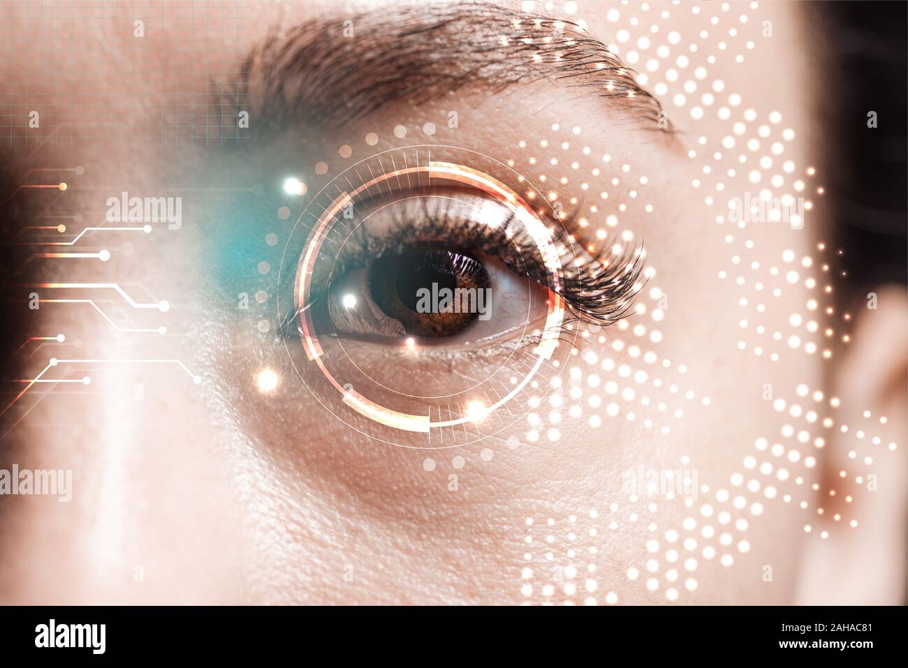 close up view of human eye with data illustration, robotic concept ...