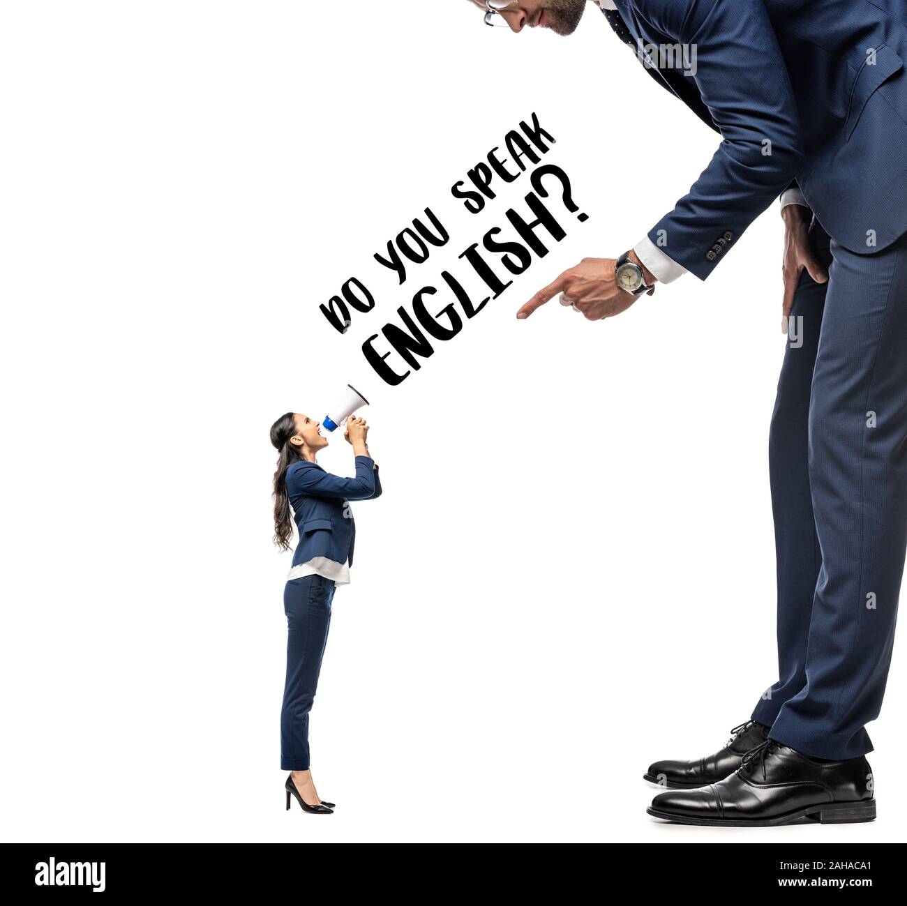 small businesswoman shouting in mouthpiece at big businessman pointing ...