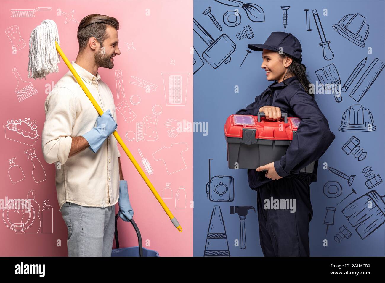 smiling man in rubber gloves with mop and woman in construction worker ...
