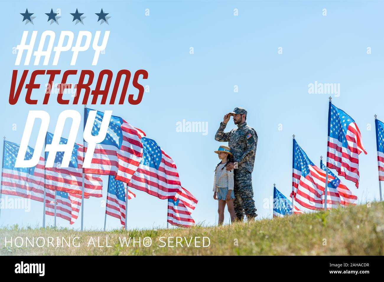 selective focus of father in military uniform standing with cute kid ...