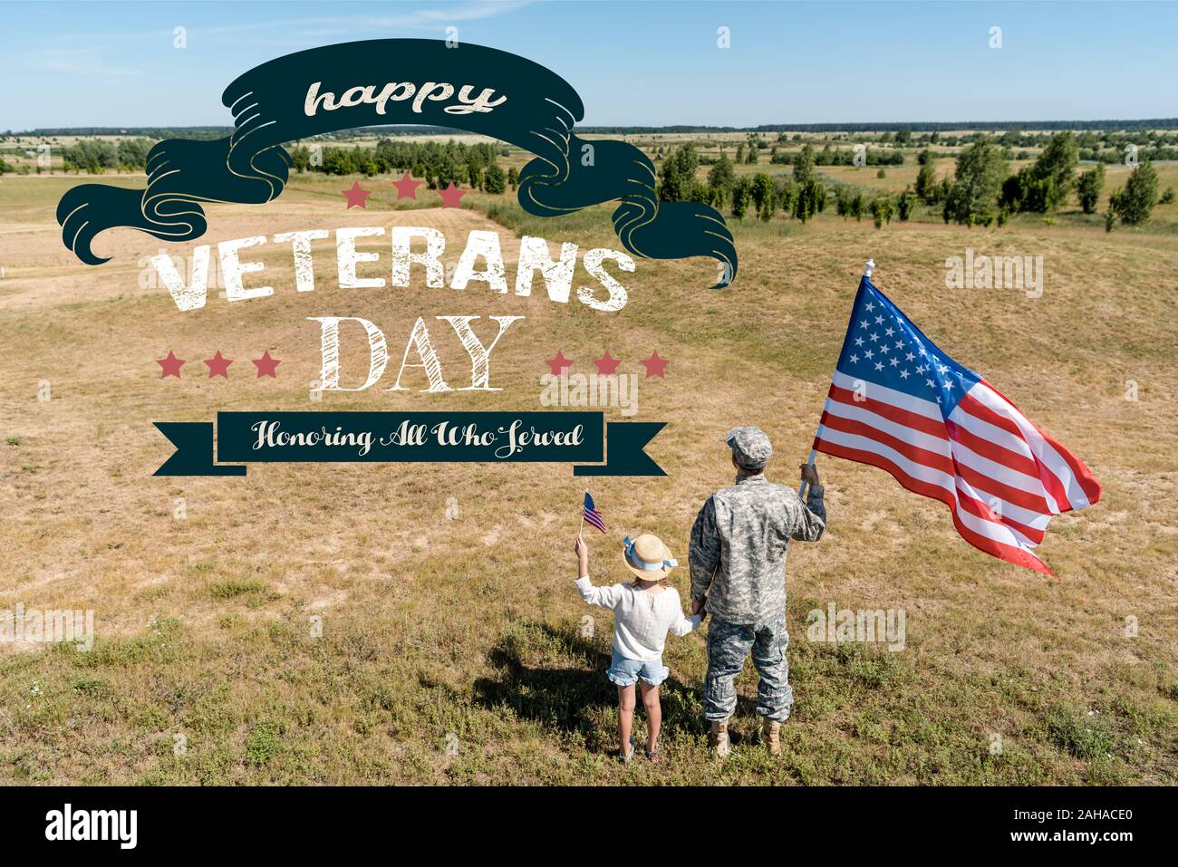 military man and patriotic kid holding american flags with happy ...