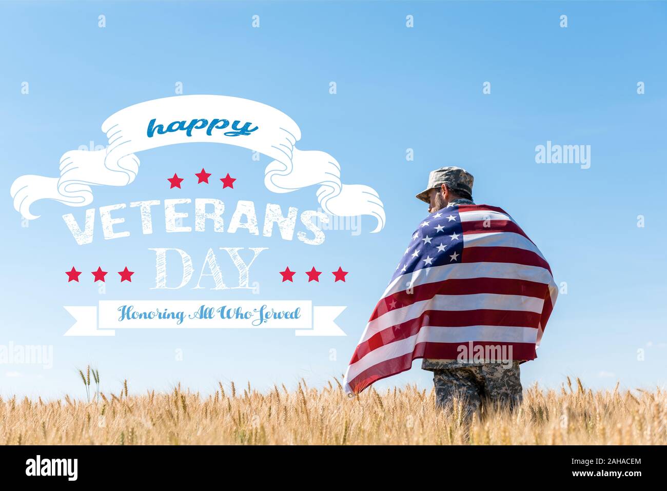 soldier in cap and military uniform holding american flag in golden ...