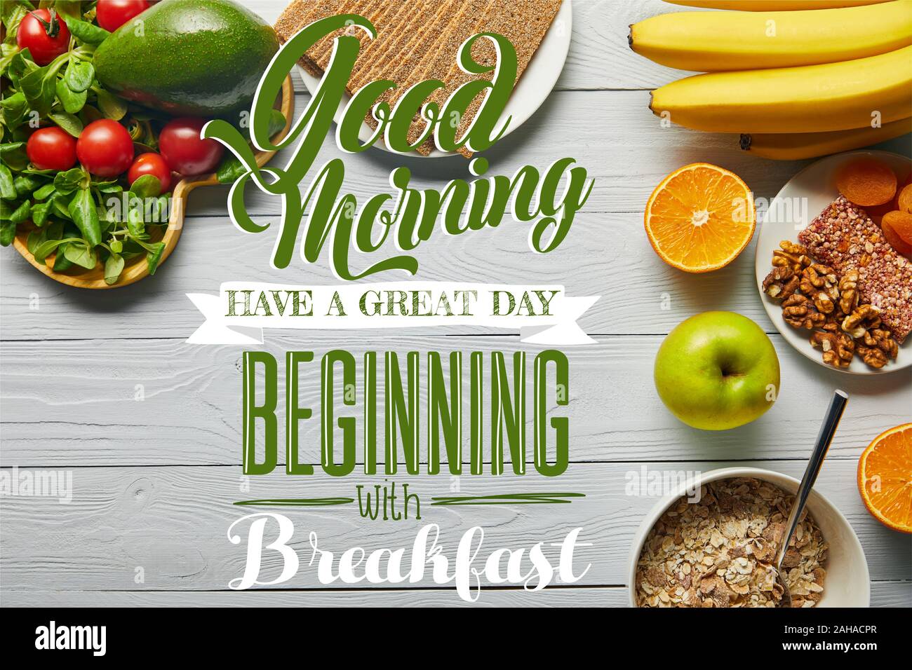 top view of fresh fruits, vegetables and cereal on wooden white ...