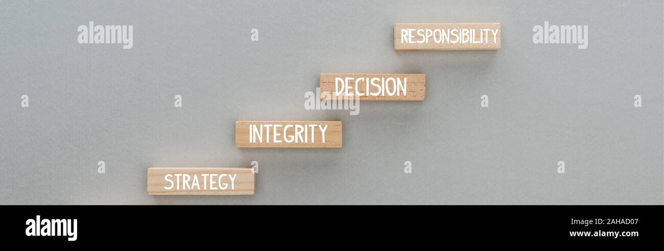 panoramic shot of wooden blocks with strategy, integrity, decision ...
